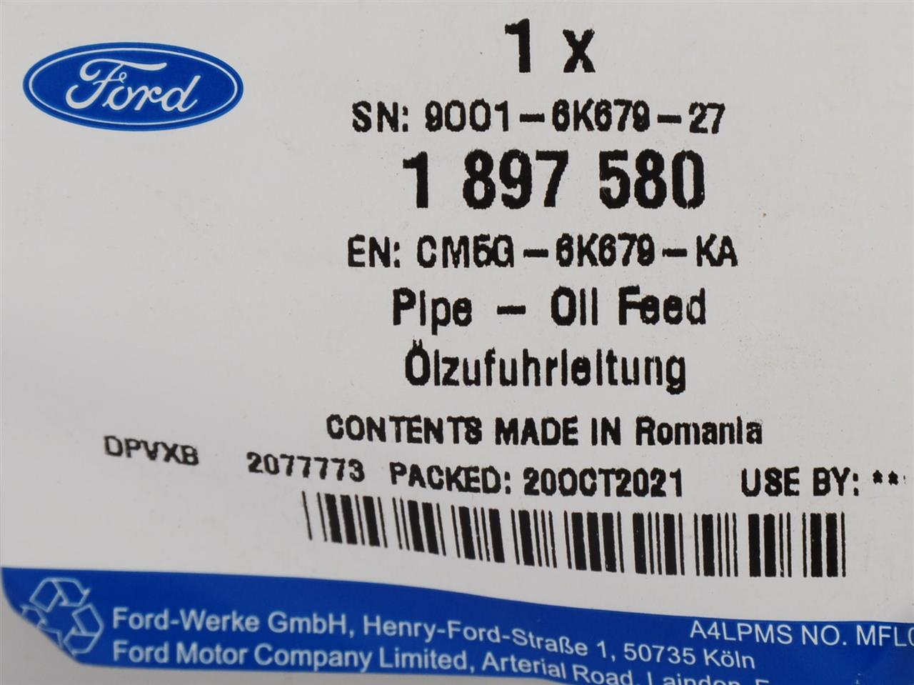 PRZEWÓD ZASILANIE OLEJEM TURBO 1,0 EB FIESTA FOCUS _ 1897580 _ CM5G-6K679-KA _ CM5Z-6K679-B ...