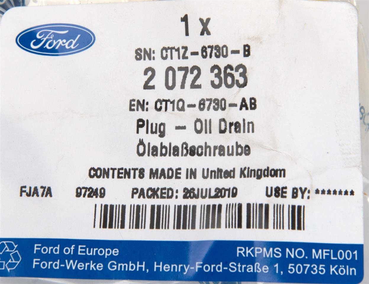 KOREK SPUSTU OLEJU 1.5 1.6 TDCI CONNECT 13- 18- _ 2072363 _ CT1Q-6730 ...