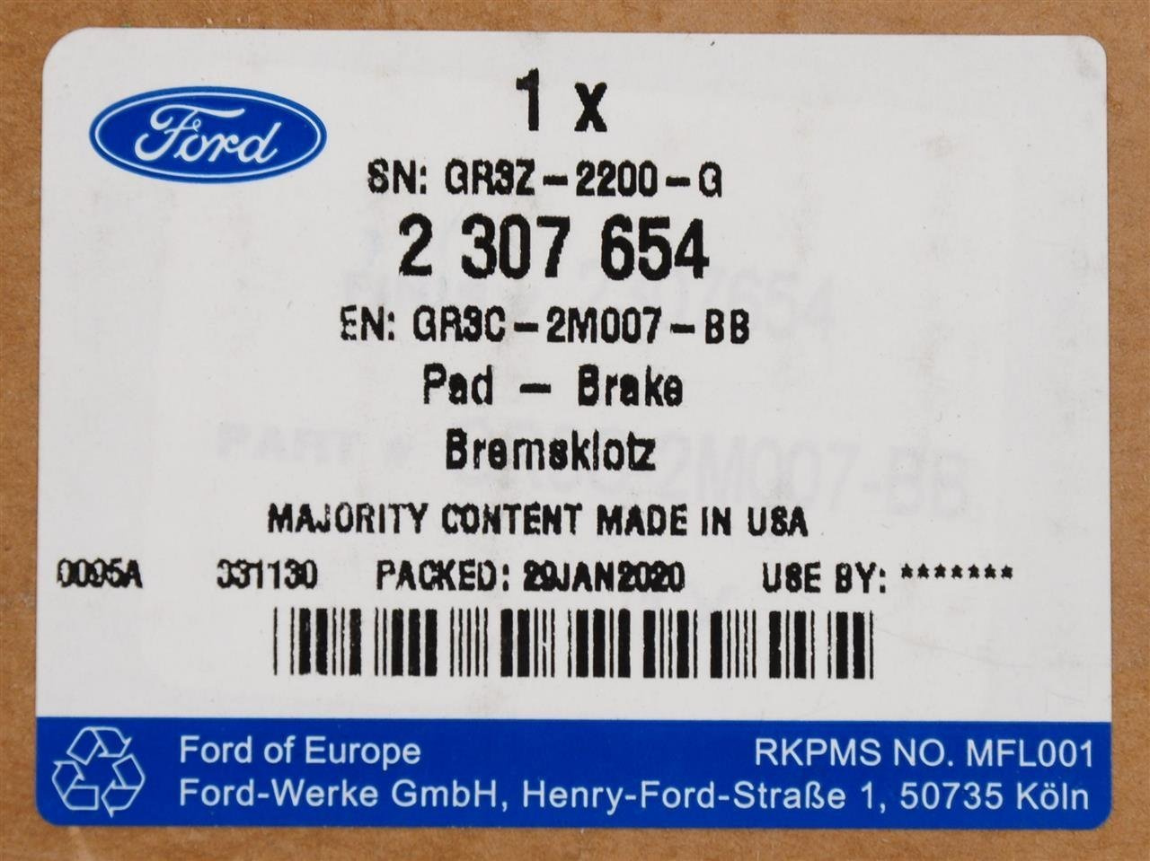 KLOCKI HAMULCOWE TYŁ MUSTANG 15- 17- _ 2307654 _ GR3C-2M007-BB / FR3C ...
