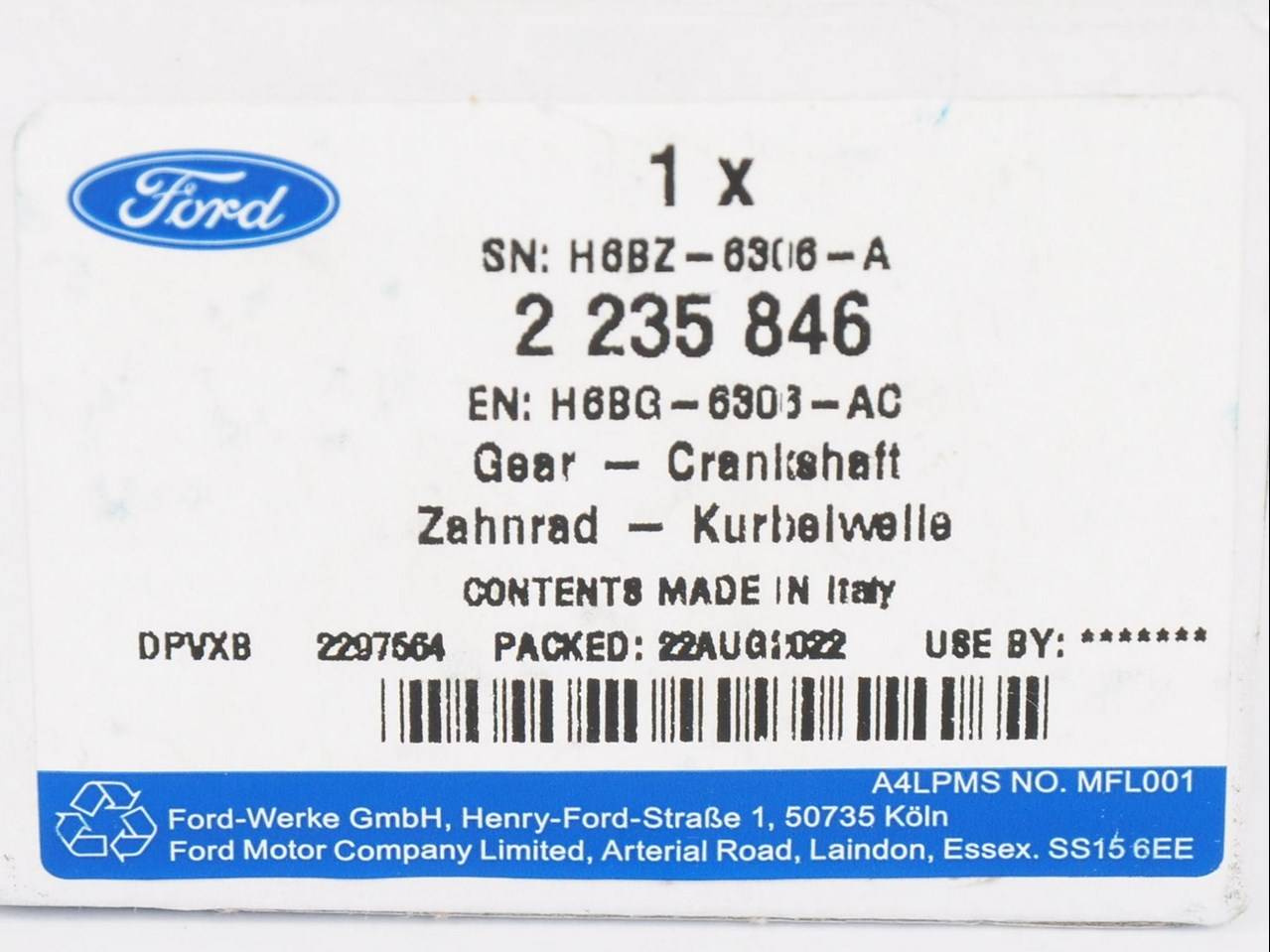 KOŁO ZĘBATE WAŁU KORBOWEGO FIESTA 19- 1.0 EB _ 2235846 _ H6BG-6306-AC | 2019 \ C-MAX / GRAND C ...