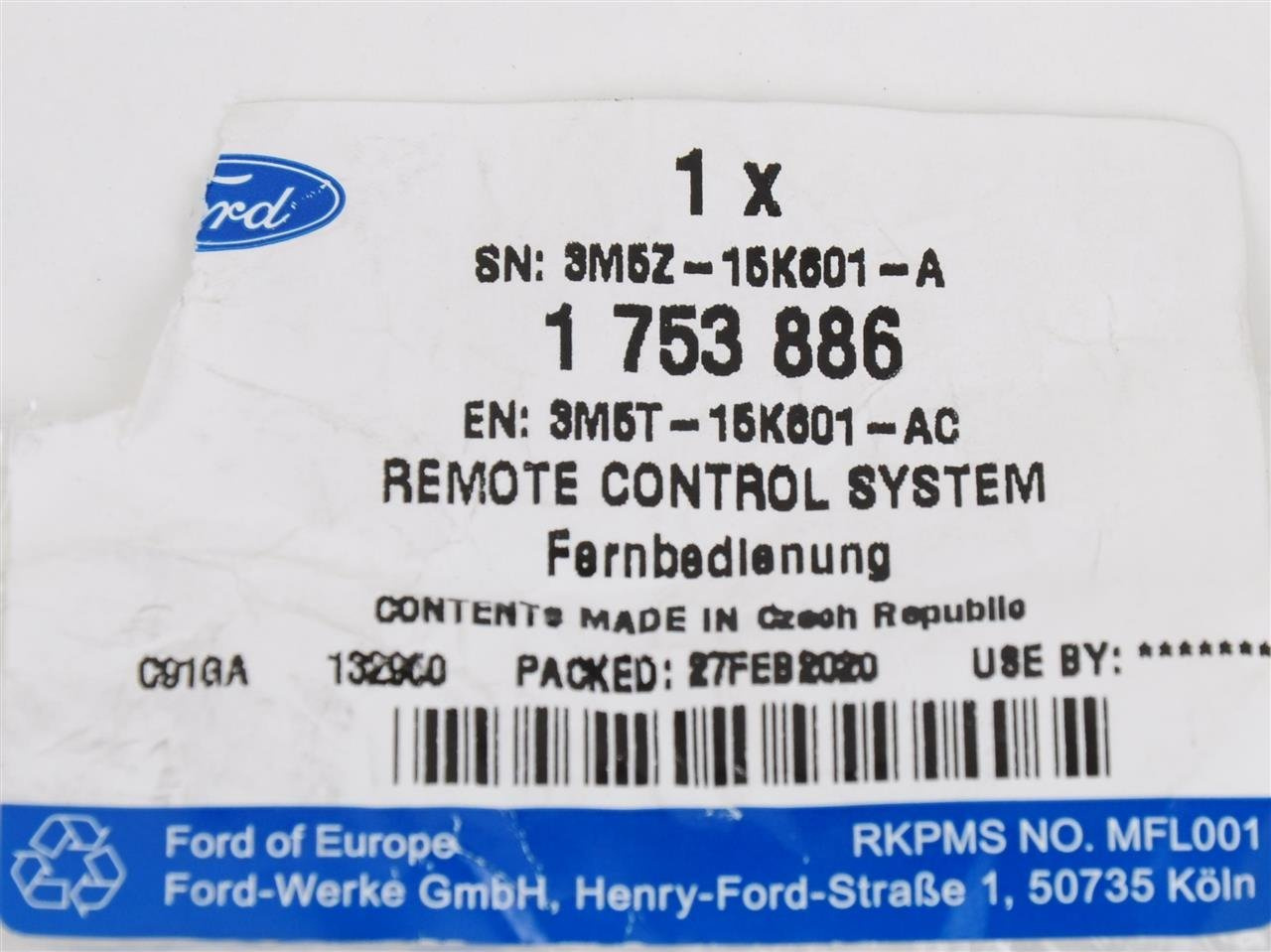 PILOT ZDALNEGO STEROWANIA DRZWIAMI B-MAX FIESTA C-MAX _ 1753886 _ 3M5T ...